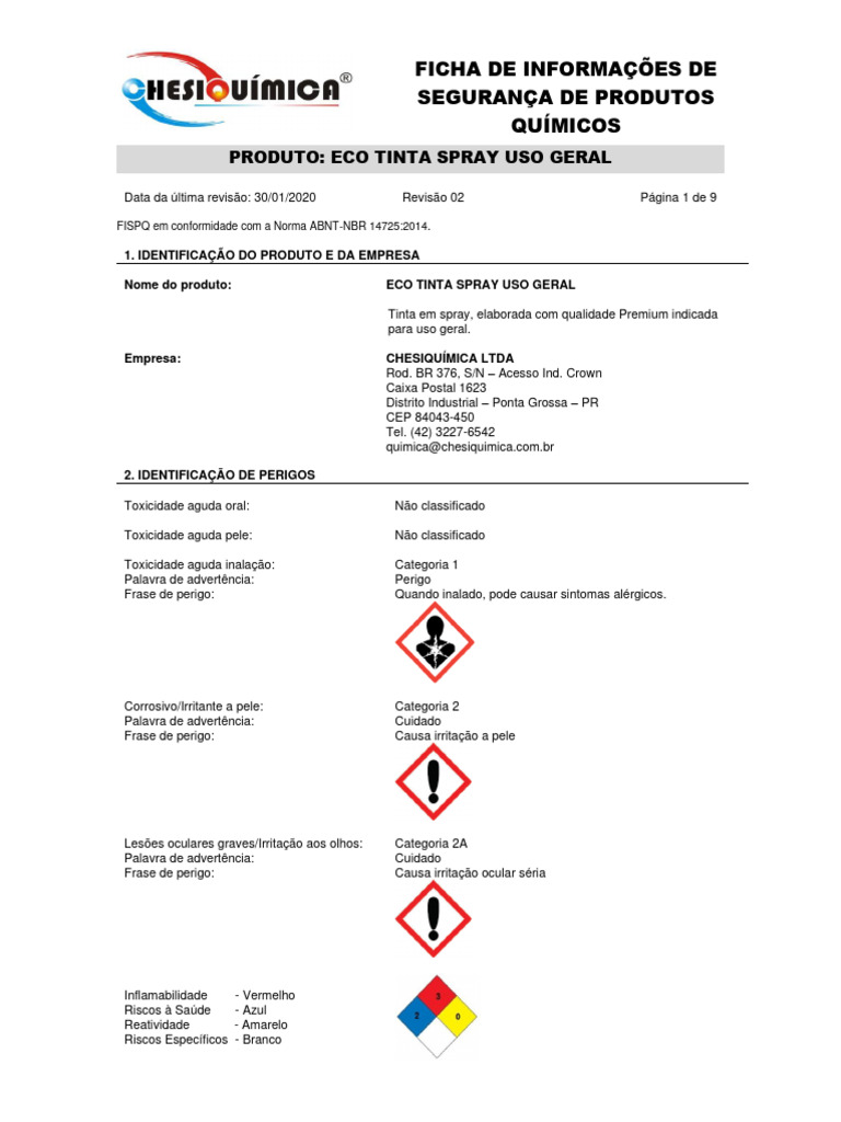 FISPQ: ECO TINTA SPRAY USO GERAL | PDF | Queimadura | Embalagem e rotulagem