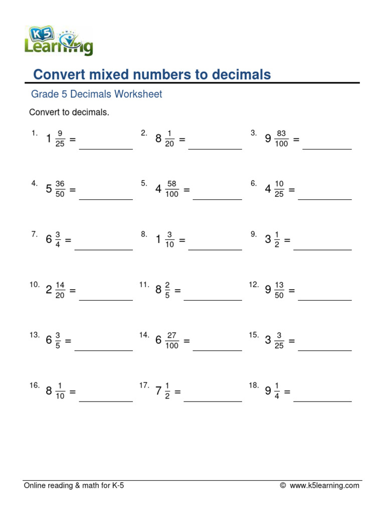 Convert Mixed Numbers to Decimals Worksheet | PDF | Elementary ...