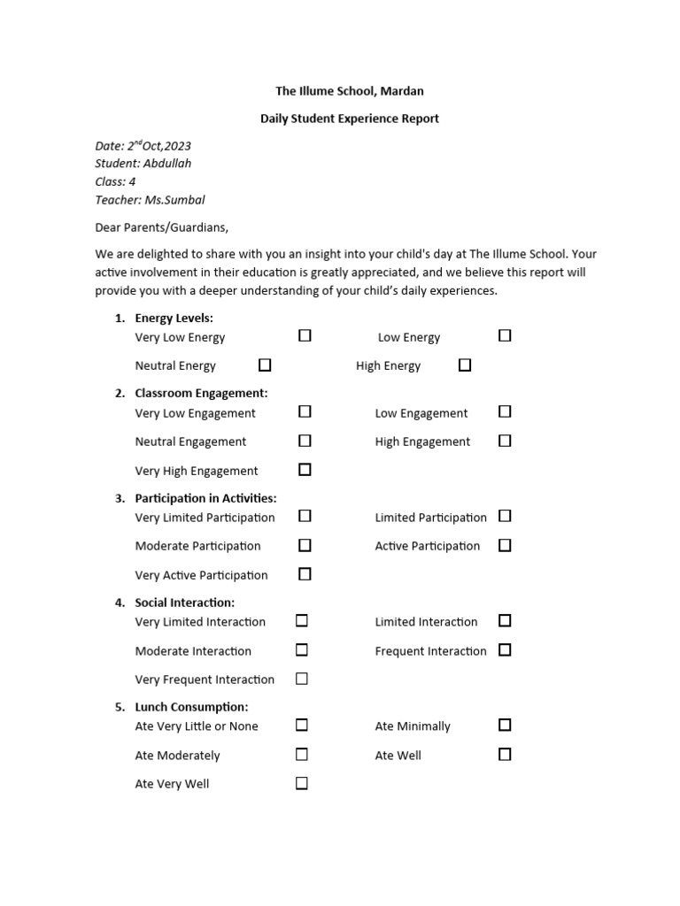 Daily Student Report: Abdullah, 4th Grade | PDF