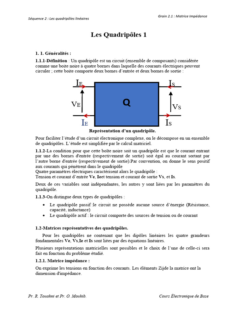 Matrice Impédance des Quadripôles | PDF | Réseau électrique | Impédance ...