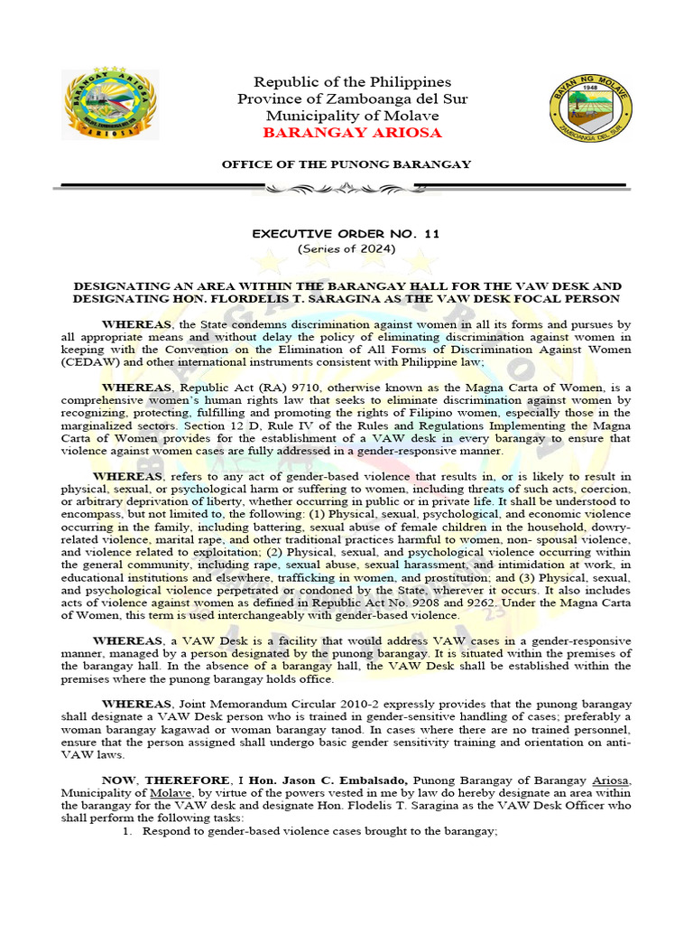 EO11 VAW-Desk-and-Officer | PDF | Domestic Violence | Violence