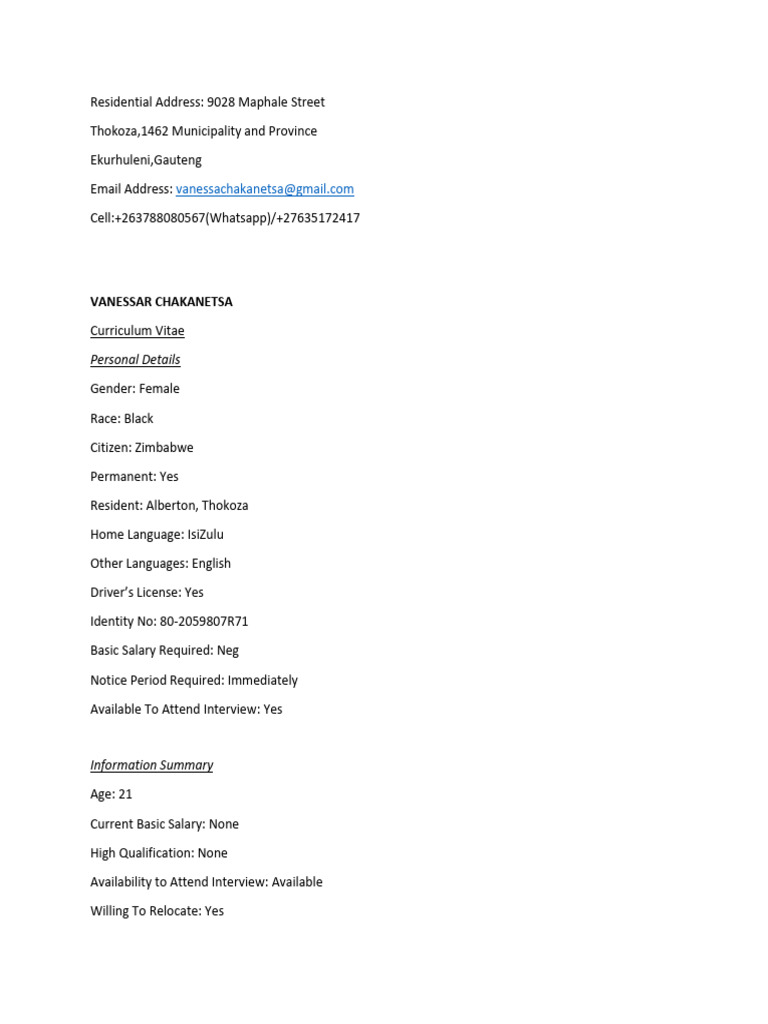 Vanessa CV PDF | PDF