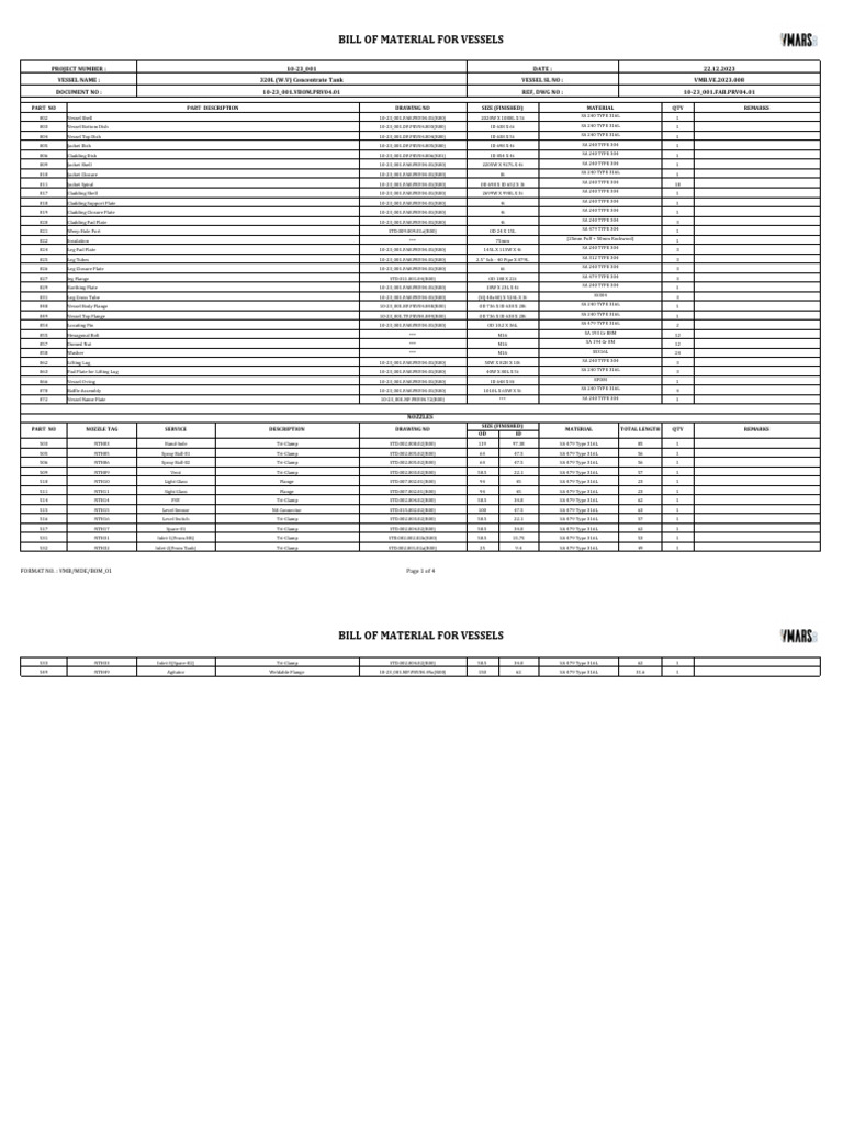 Vessel Bill of Materials For 320L (W.V) Concentrate Tank | PDF | Mechanical Engineering | Equipment