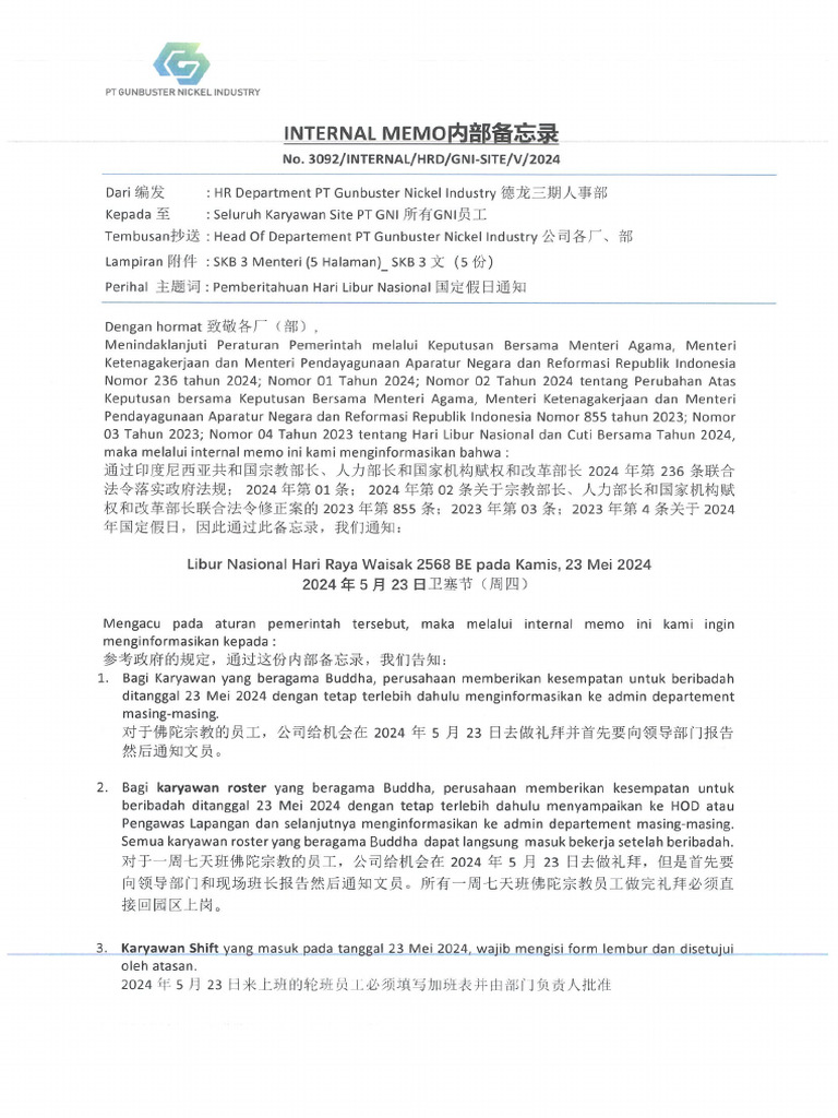 Internal Memo Hari Raya Waisak 2024 | PDF