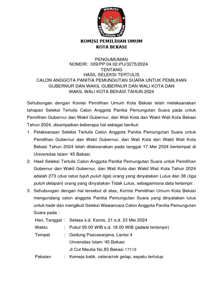 Pengumuman Hasil Seleksi Tertulis PPS Pilkada Tahun 2024 (Stempel) | PDF