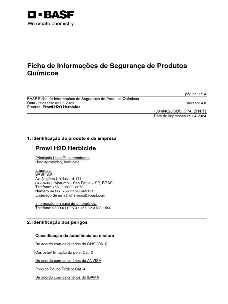 Prowl+H2O+Herbicide 30484625 SDS CPA BR PT 4-0 | PDF | Água | Química
