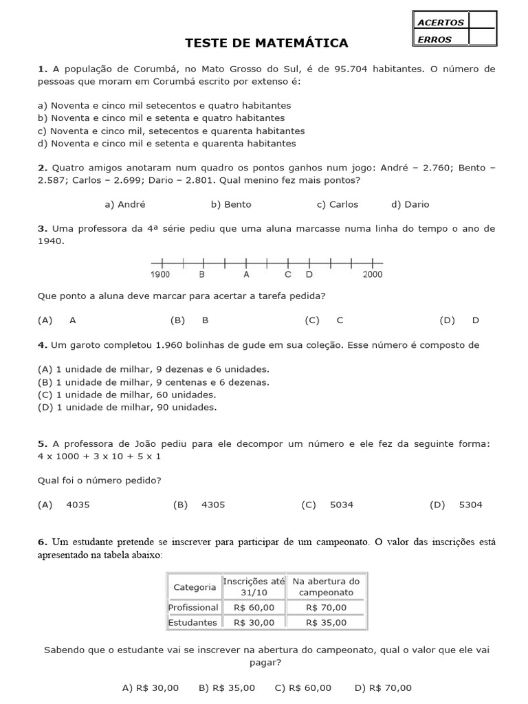 Teste de Matemática e Português: Questões e Respostas | PDF