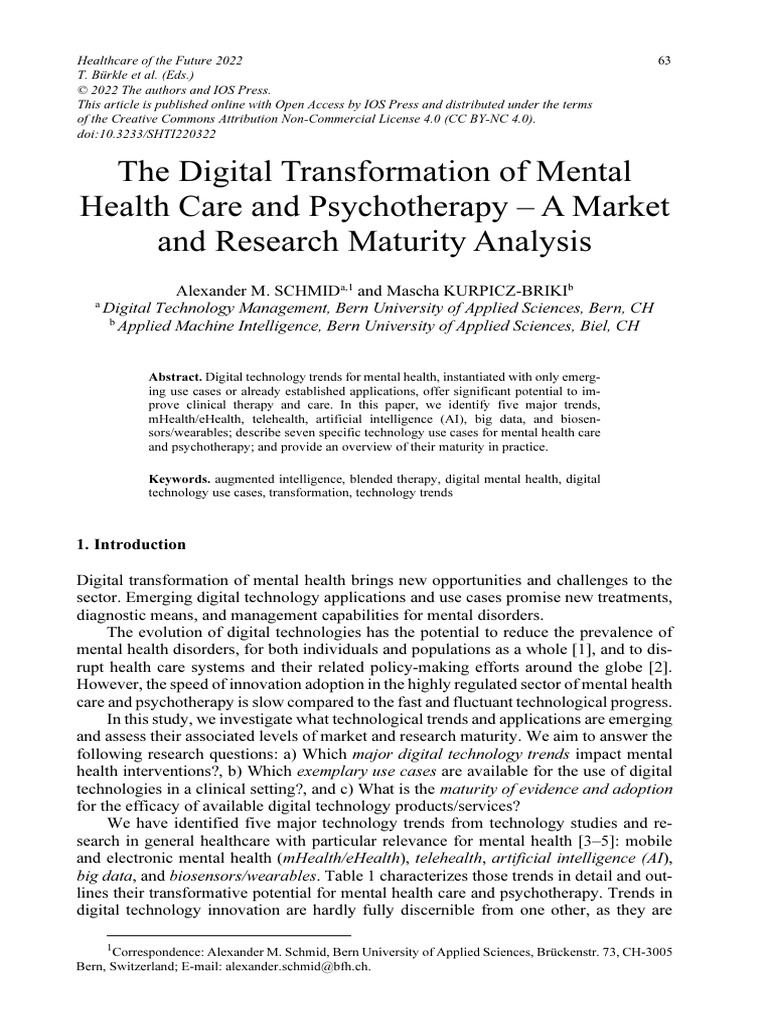 The Digital Transformation of Mental Health Care and Psychotherapy - A ...