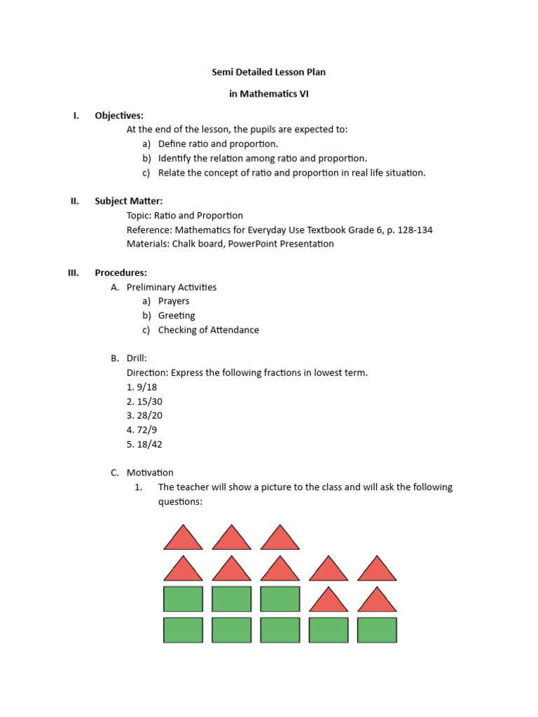 Semi Detailed Lesson Plan in Math | PDF | Ratio | Teachers