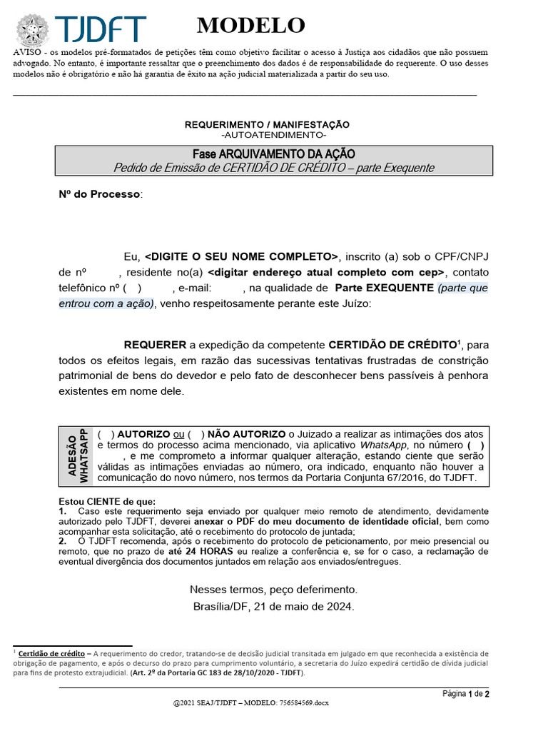 7.4 Pedido de Emissão de CERTIDÃO DE CRÉDITO - Parte EXEQUENTE | PDF ...