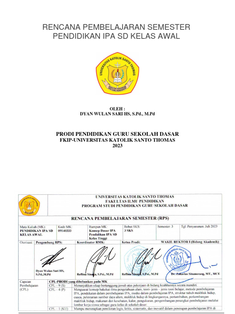 RPS Pendidikan Ipa SD Kelas Awal Sertifikasi | PDF | Ilmu Sosial | Seni ...