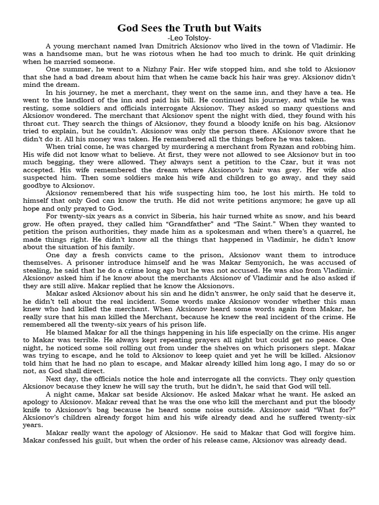 God Sees The Truth But Waits - Story | PDF | Mystery, Thriller & Crime ...