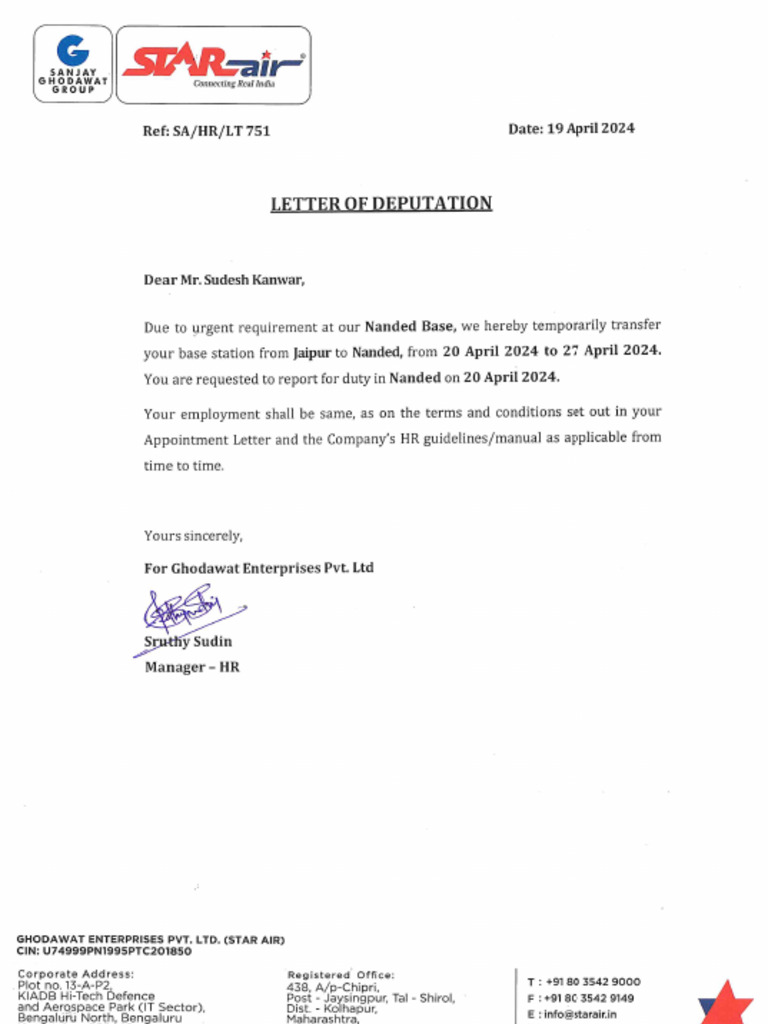 Deputation Letter - Mr. Sudesh Kanwar | PDF