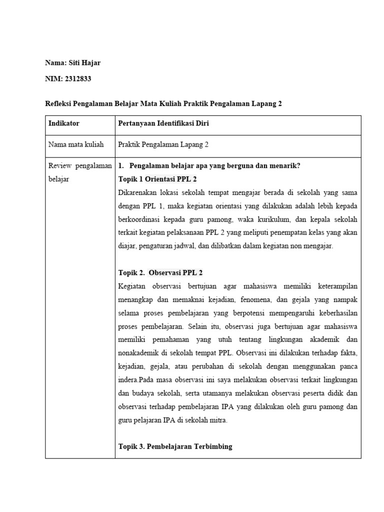 Jurnal Refleksi - Siti Hajar - PPL 2 | PDF