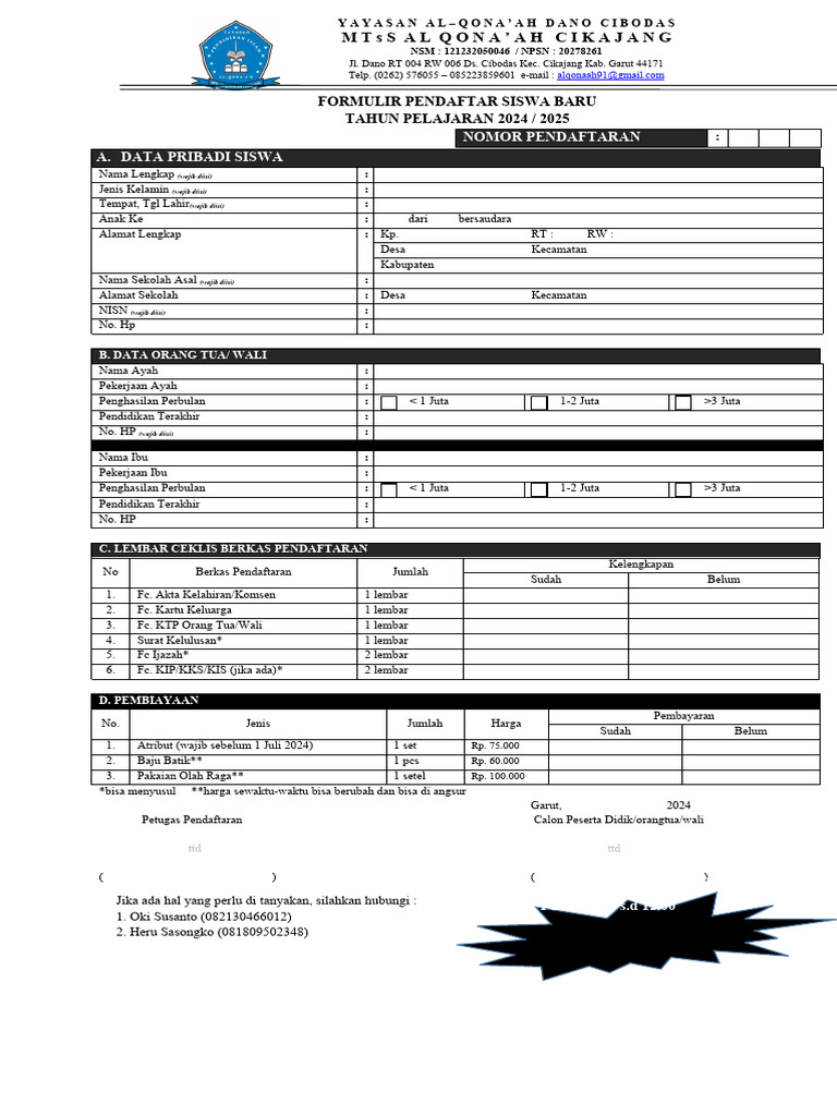 Formulir Pendaftaran Mts 2024 - 2025 | PDF