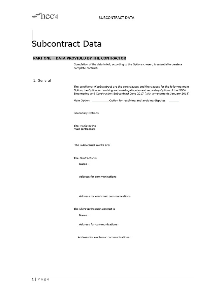 NEC4 Subcontract Data Template | PDF | Deductible | Private Law