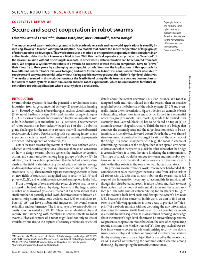 Secure and Secret Cooperation in Robot Swarms | PDF | Robotics | Robot