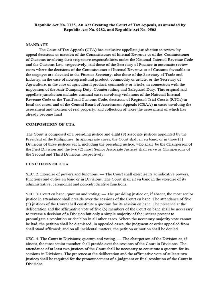 Court of Tax Appeals (RA1125 As Amended by RA 9503 and RA 9282) | PDF ...