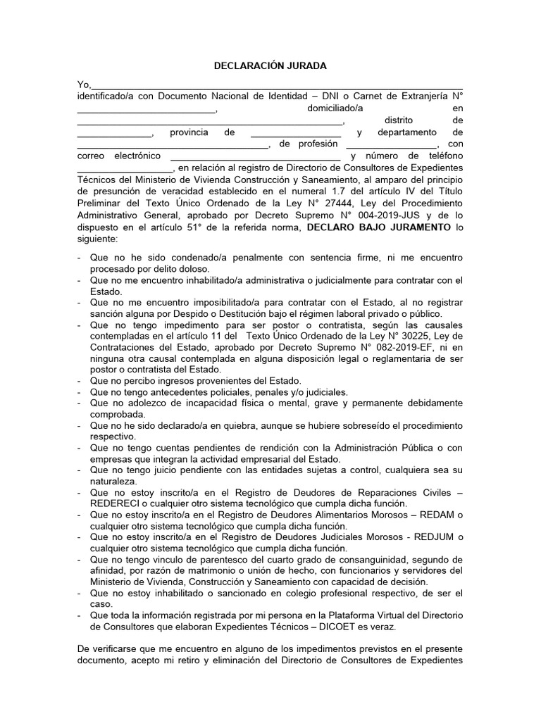 Declaracion Jurada | PDF | Documento de identidad | Gobierno