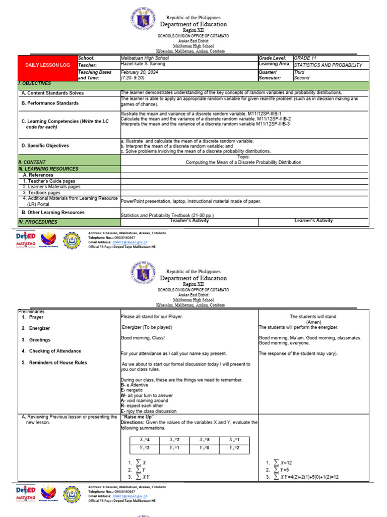 Lesson Plan | Download Free PDF | Random Variable | Mean