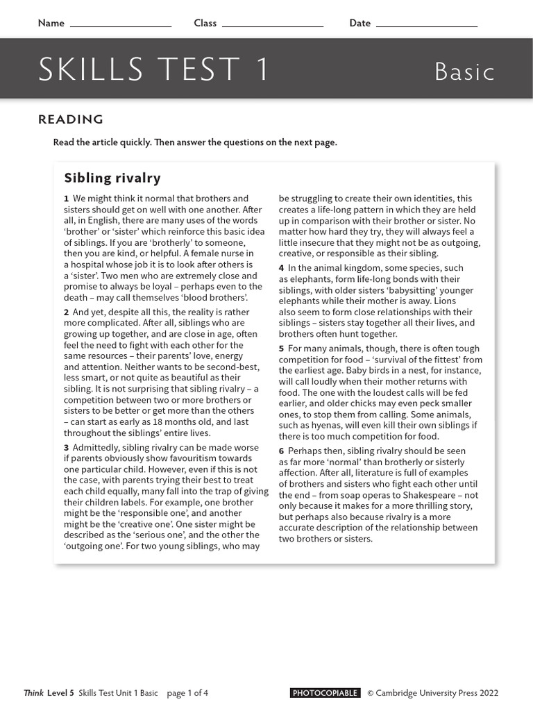 Think 5 - Skills - Test - Basic - Unit - 1 | Download Free PDF | Sibling