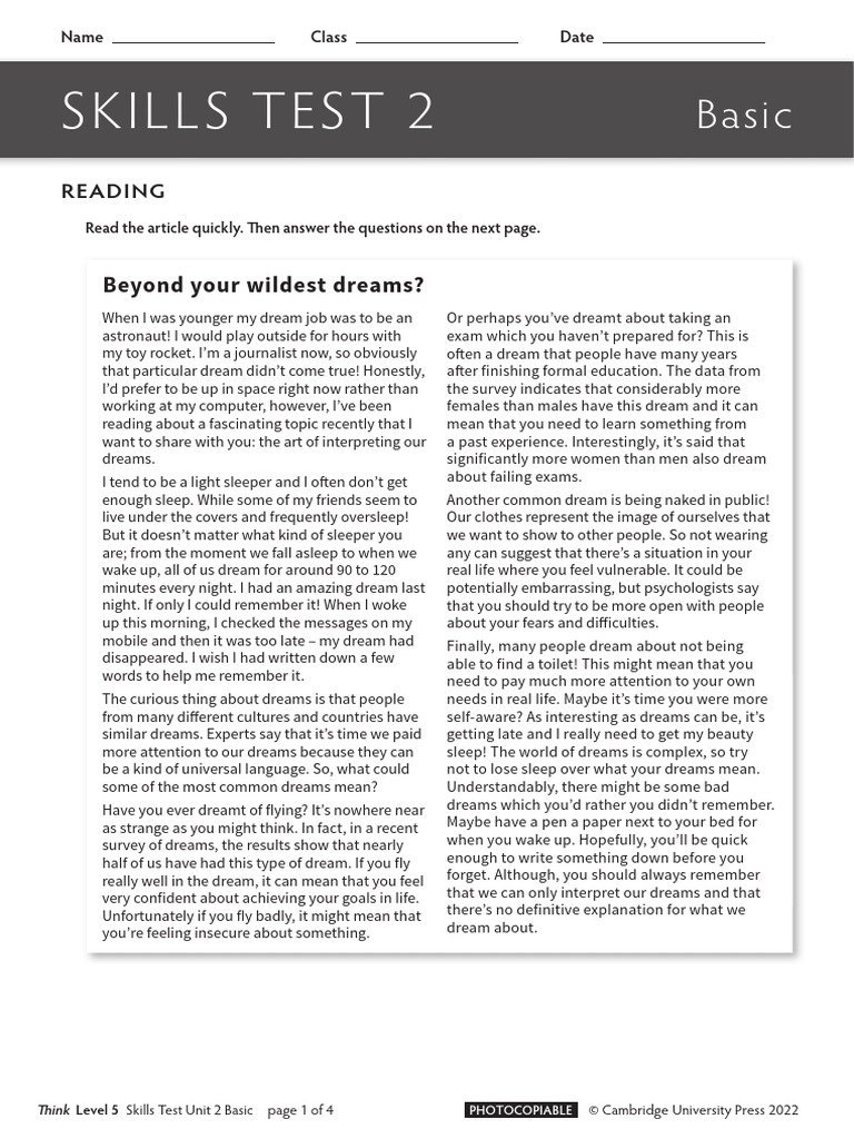 Think 5 - Skills - Test - Basic - Unit - 2 | PDF | Dream | Sleep