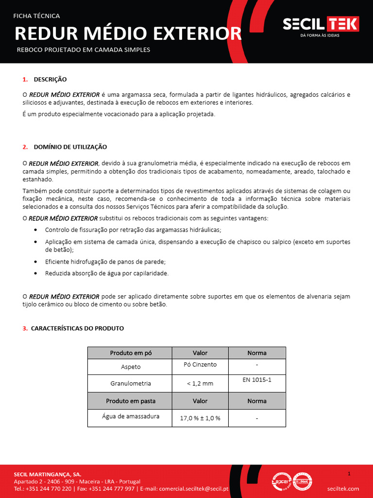 Argamassa Redur Médio Exterior: Ficha Técnica | PDF | Argamassa ...