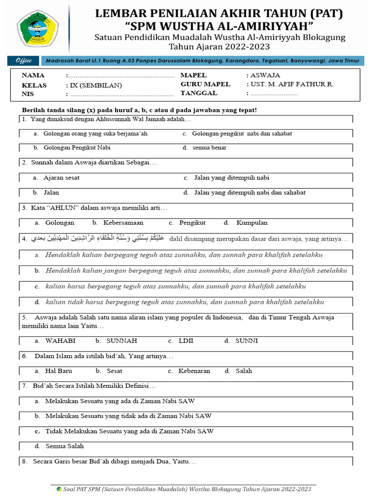 Format Soal Pat-1 | PDF