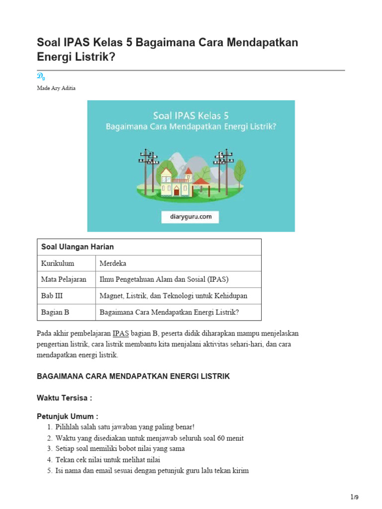 Soal IPAS Kelas 5 Bab 3 - Bagaimana Cara Mendapatkan Energi Listrik | PDF