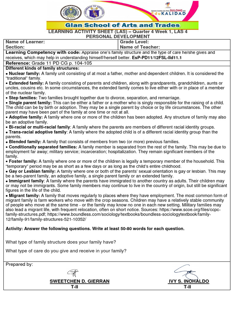 Per - Dev LAS 4 Week 1 | PDF | Family | Single Parent