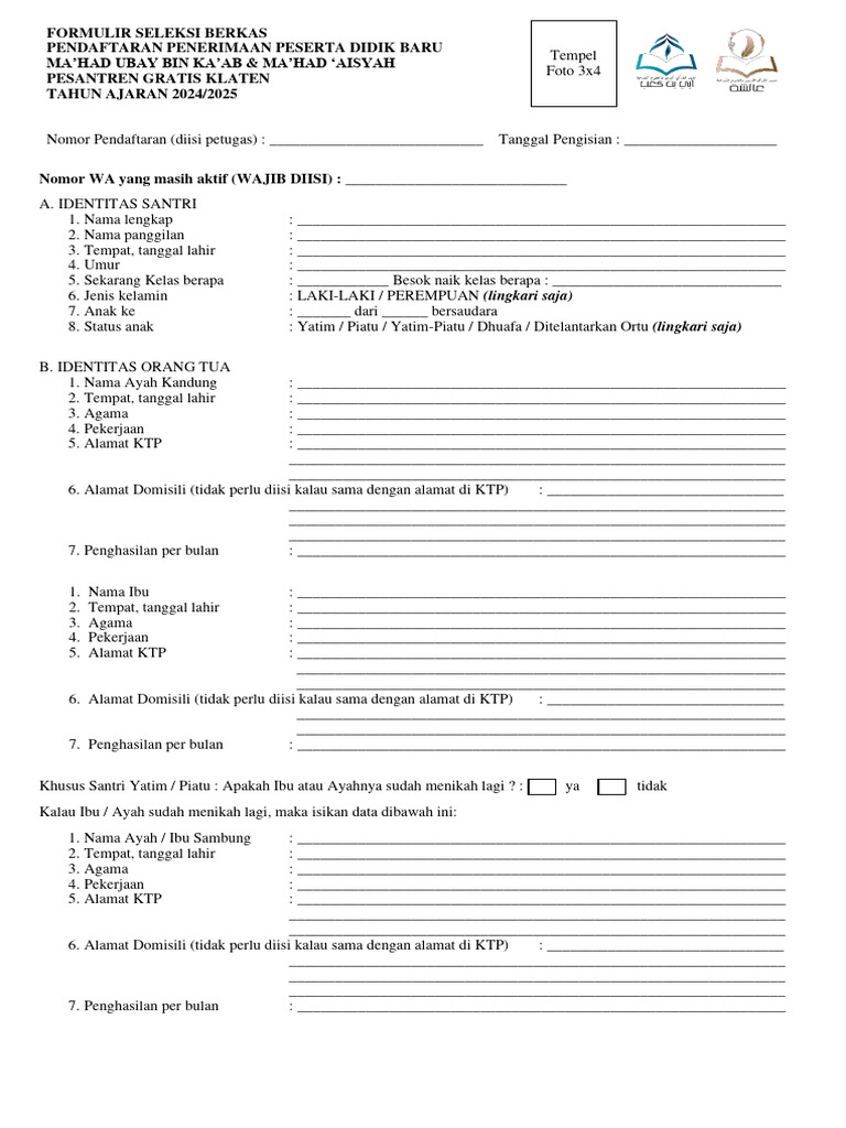 Form PPDB Pesantren Gratis Klaten 2024-2025 | PDF