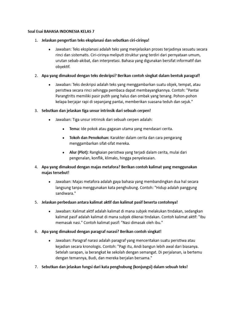 Soal Esai Bahasa Indonesia Kelas 7 | PDF