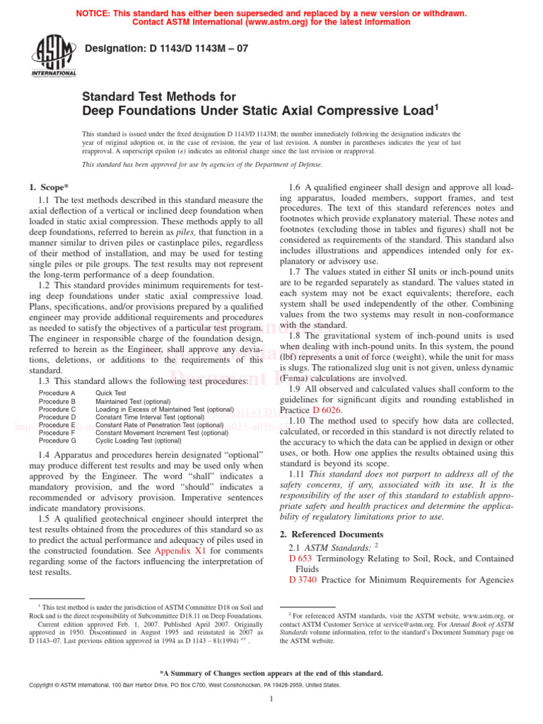 ASTM-D1143-D1143M-07 | PDF | Deep Foundation | Strength Of Materials
