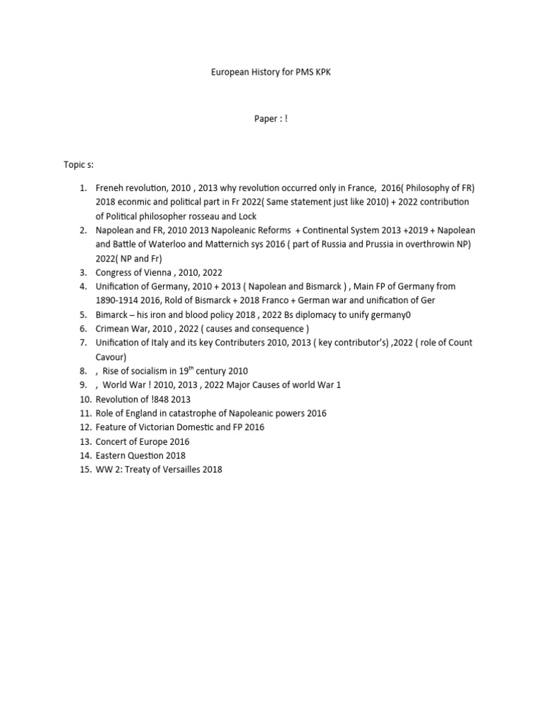 European History for KPK PMS Exams | PDF