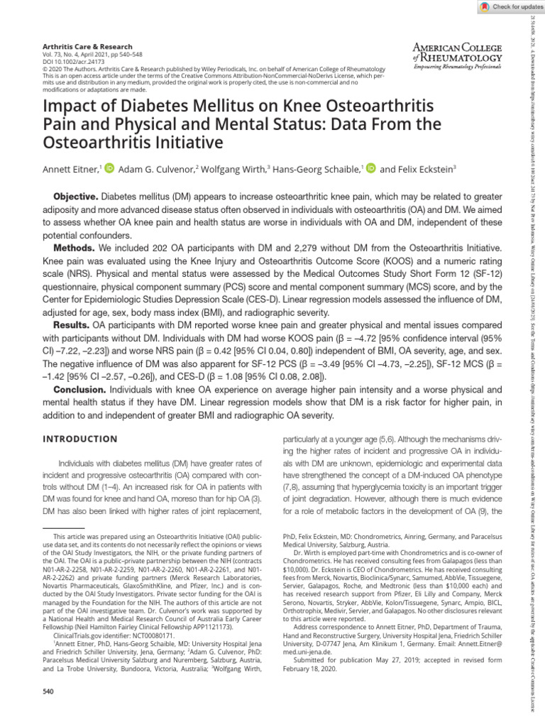 Arthritis Care Research - 2020 - Eitner - Impact of Diabetes Mellitus ...