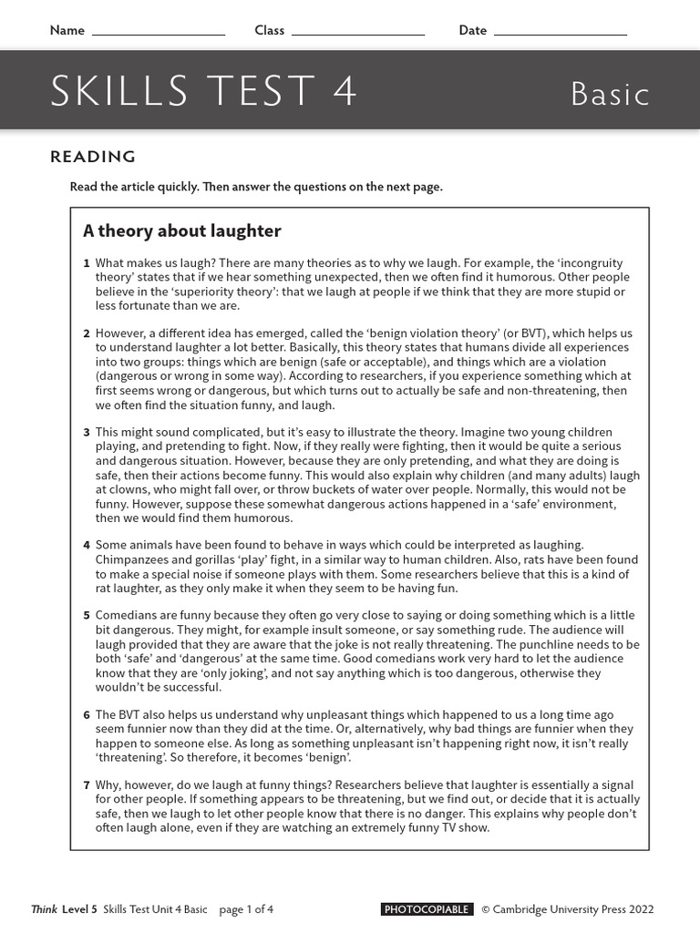 Think 5 - Skills - Test - Basic - Unit - 4 | PDF | Laughter | Jokes