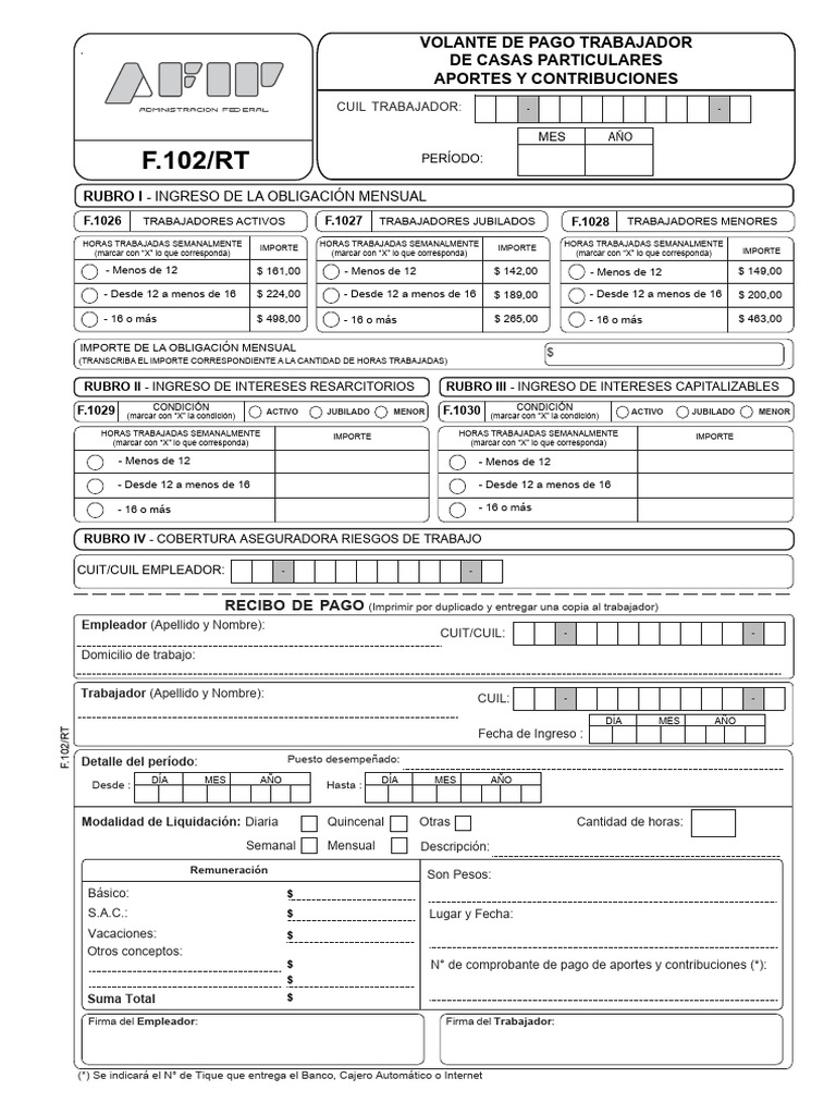 Formulario F.102-RT AFIP Volante de Pago Trabajador de Casas ...