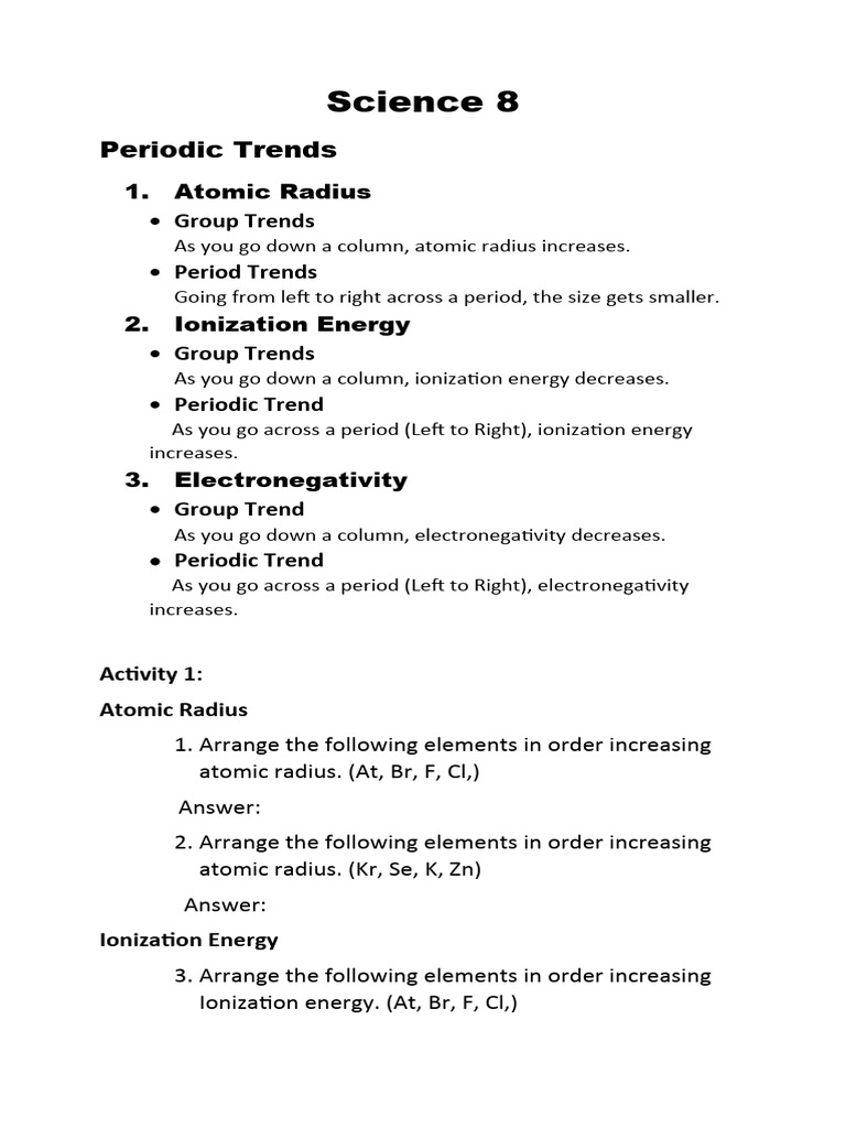 Periodic Trends: Atomic Radius, Ionization, Electronegativity | PDF
