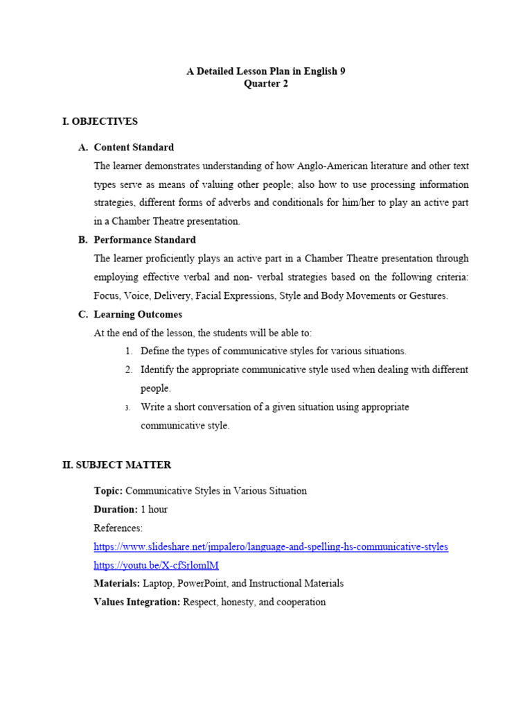 Communicative Styles-Detailed Lesson Plan | PDF | Lesson Plan | Prayer