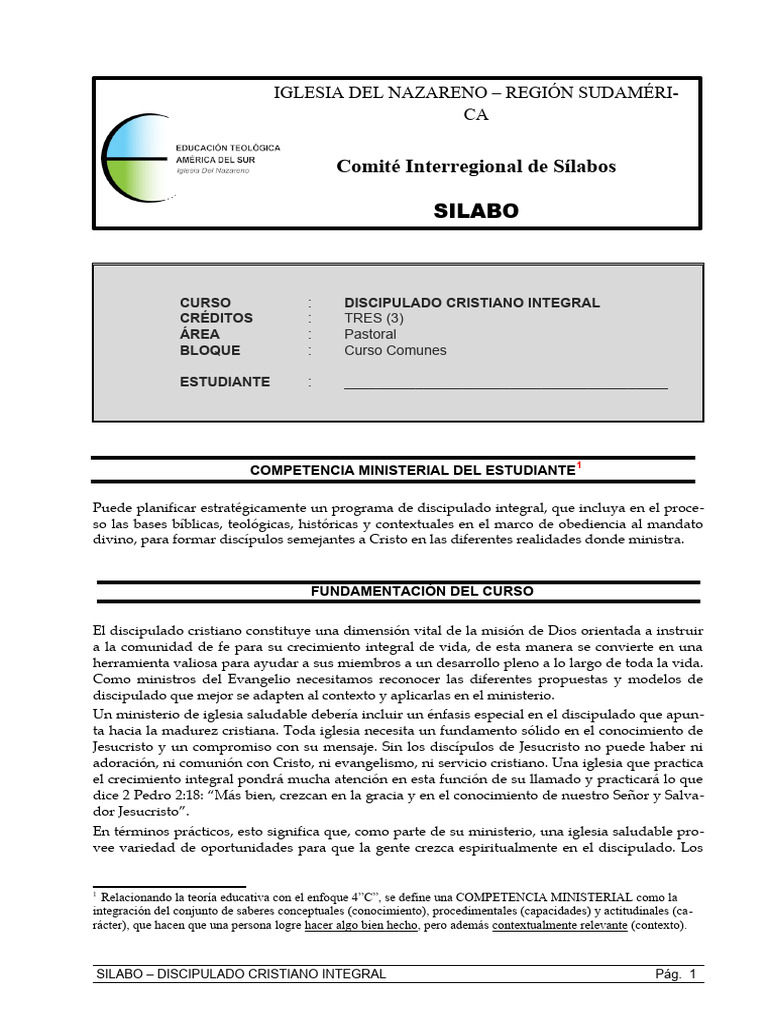 01 - SILABO - Discipulado Cristiano Integral | PDF | Evaluación | Iglesia cristiana