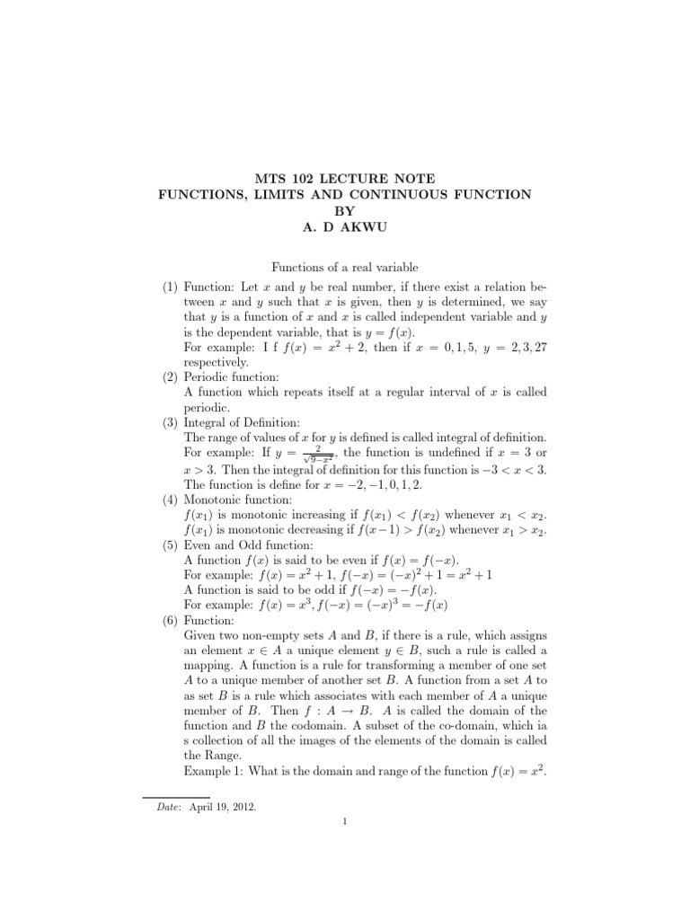 Functions Limits And Continuous Function A Pdf Function Mathematics Functions And Mappings