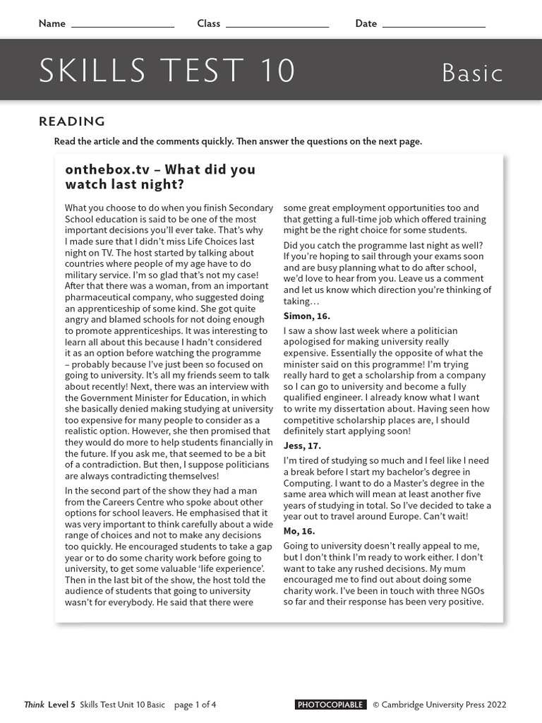 Think 5 - Skills - Test - Basic - Unit - 10 | PDF | News | Essays