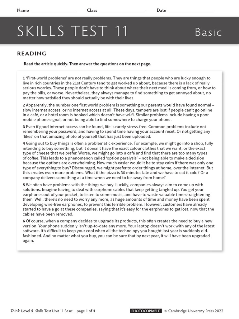 Think 5 - Skills - Test - Basic - Unit - 11 | PDF | Internet