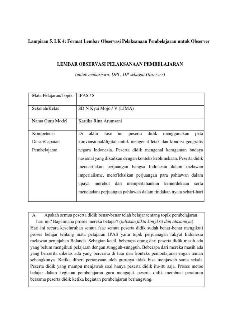 Lampiran 5. LK 4 Format Lembar Observasi Pelaksanaan Pembelajaran Untuk Observer - SIKLUS 3 | PDF