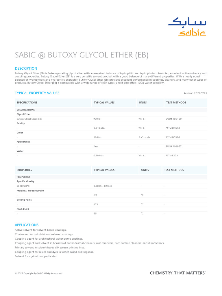 SABIC ® Butoxy Glycol Ether (EB) - Global - Technical - Data - Sheet | PDF | Solvent | Coating