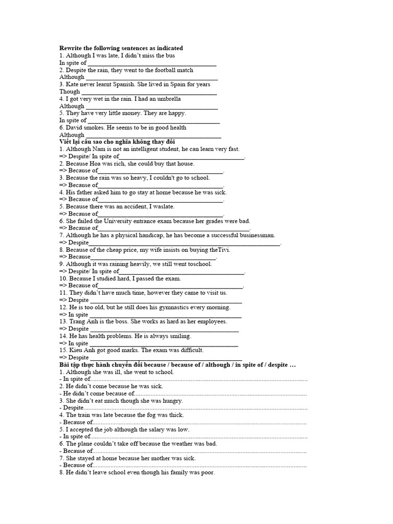 Although - Because (Rewrite Sentences) | PDF