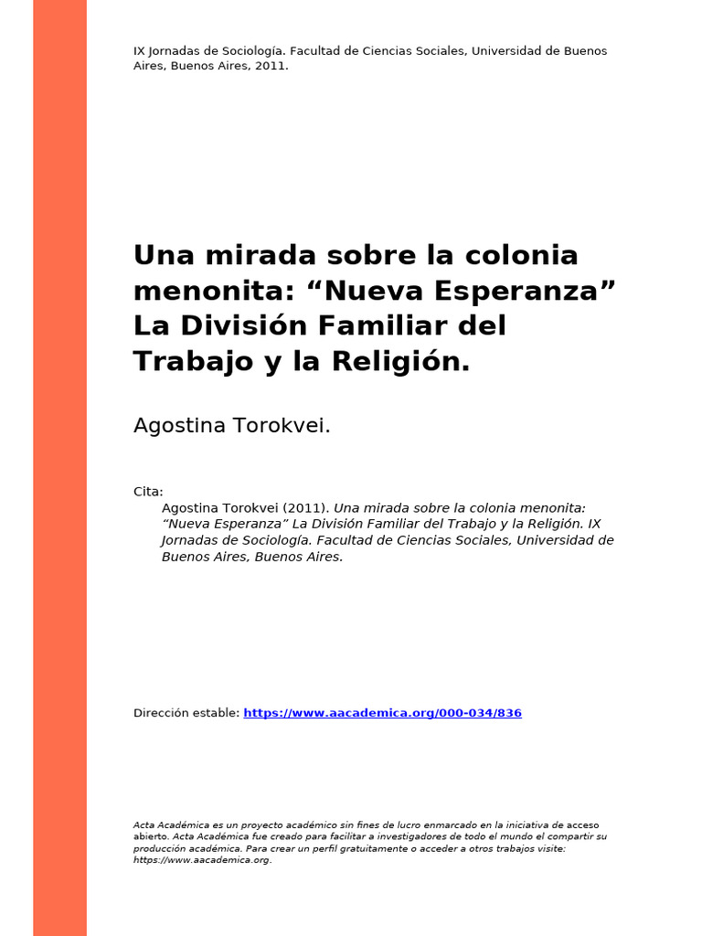 Agostina Torokvei (2011) - Una Mirada Sobre La Colonia Menonita "Nueva ...