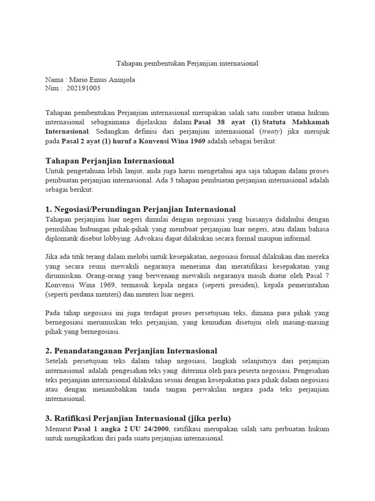 Tahapan Pembentukan Perjanjian Internasional | PDF | Politik | Ilmu Sosial