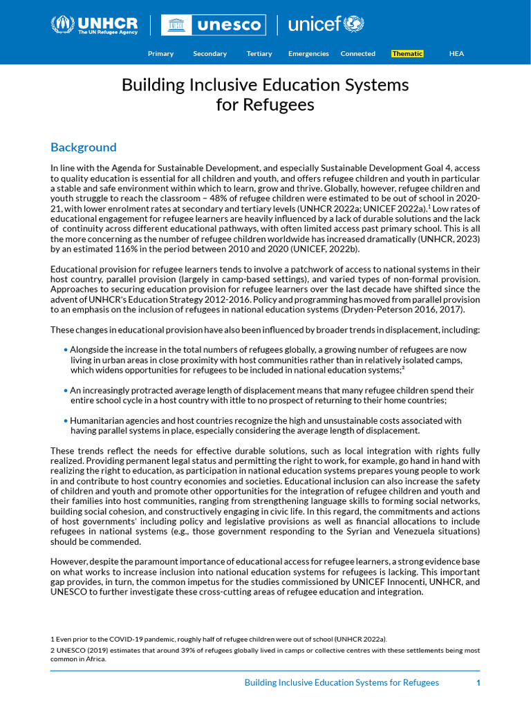 Building Inclusive Education Systems For Refugees | PDF | Refugee ...