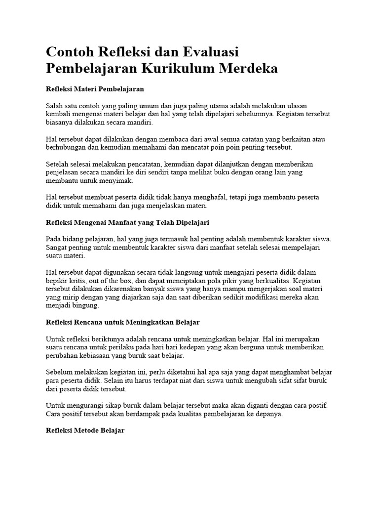 Contoh Refleksi dan Evaluasi Pembelajaran Kurikulum Merdeka | PDF